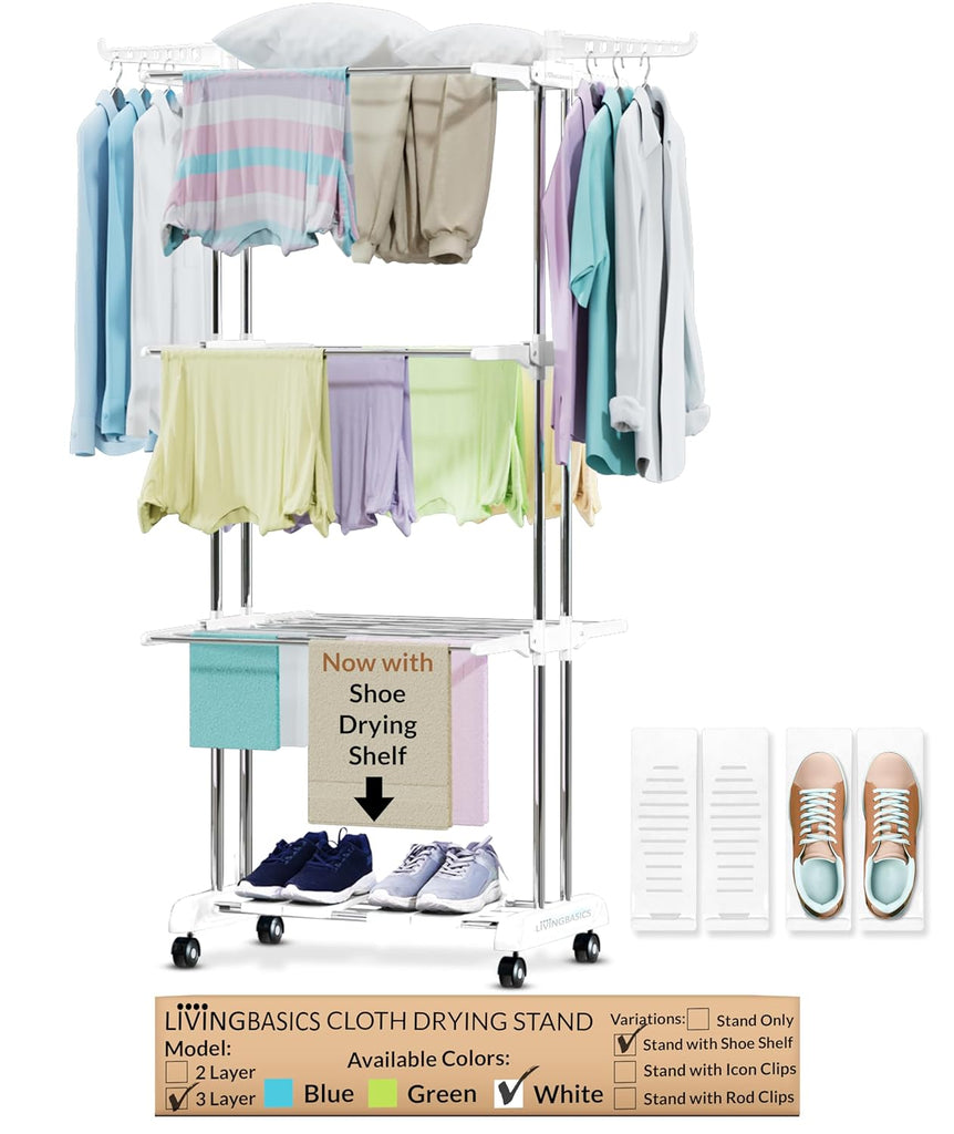 LIVINGBASICS 4 Shoe Drying Shelves with 3 Layer Clothes Stand for Dryi